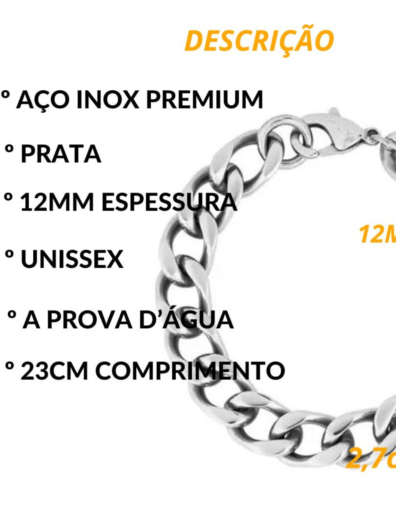 Pulseira Masculina Grumet Cubana Grossa 12mm Prata Aço Inox - VISUJÓIAS