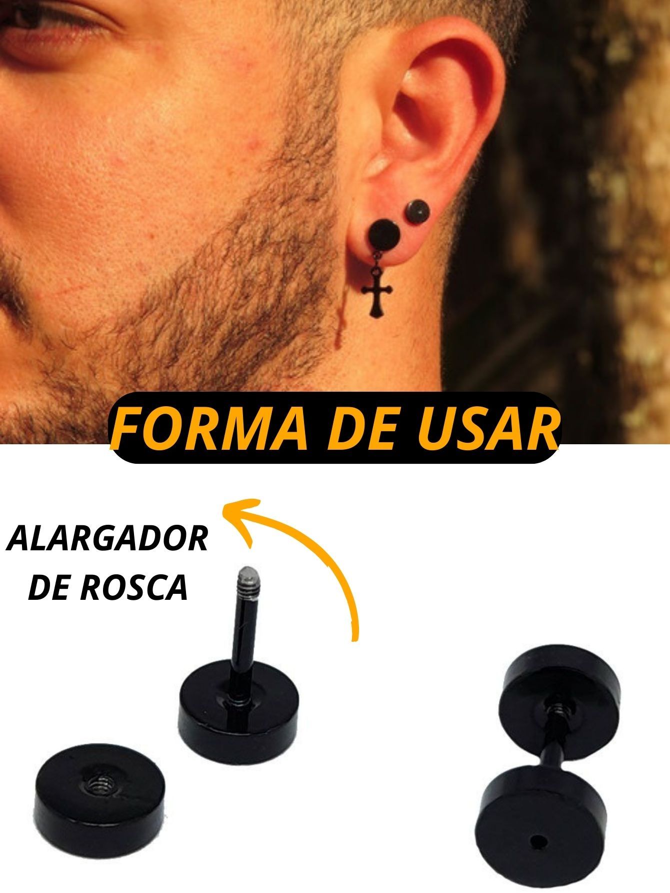 Kit Brinco Alargador Falso Rosca 6mm Preto Prata Aço Inox - VISUJÓIAS