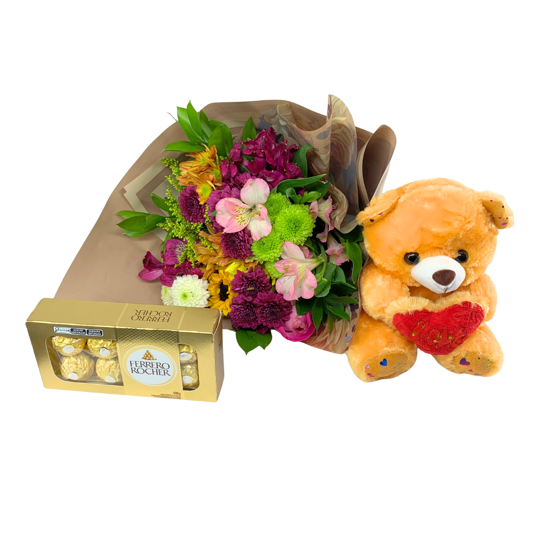 Buquê Mix Delicadeza Floral com Pelucia e Ferrero Rocher - Floricultura ...