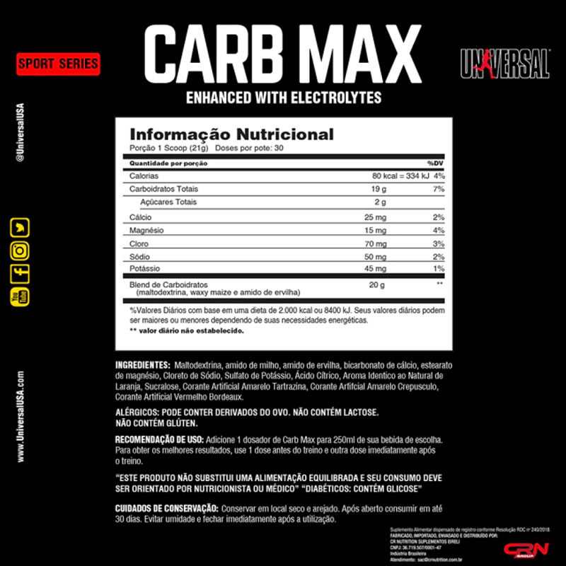 CARB MAX LARANJA - 632G UNIVERSAL NUTRITION - Universal Nutrition Brasil