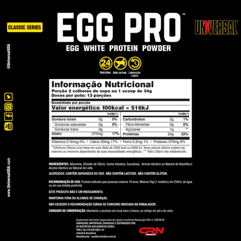 EGG PRO BAUNILHA - 454G UNIVERSAL NUTRITION - Universal Nutrition Brasil