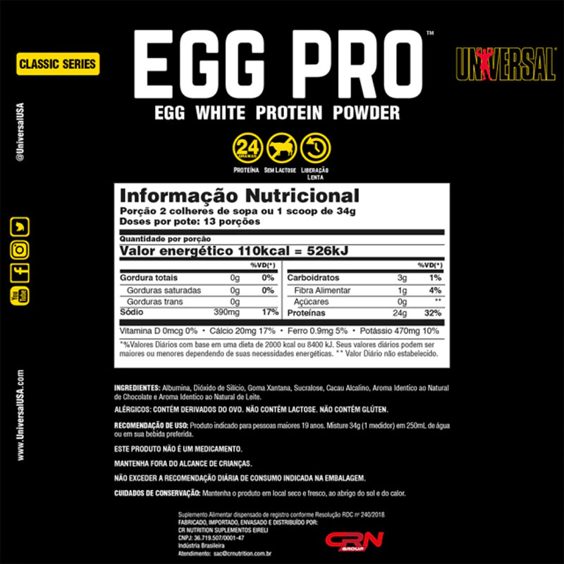 EGG PRO CHOCOLATE - 454G UNIVERSAL NUTRITION - Universal Nutrition Brasil