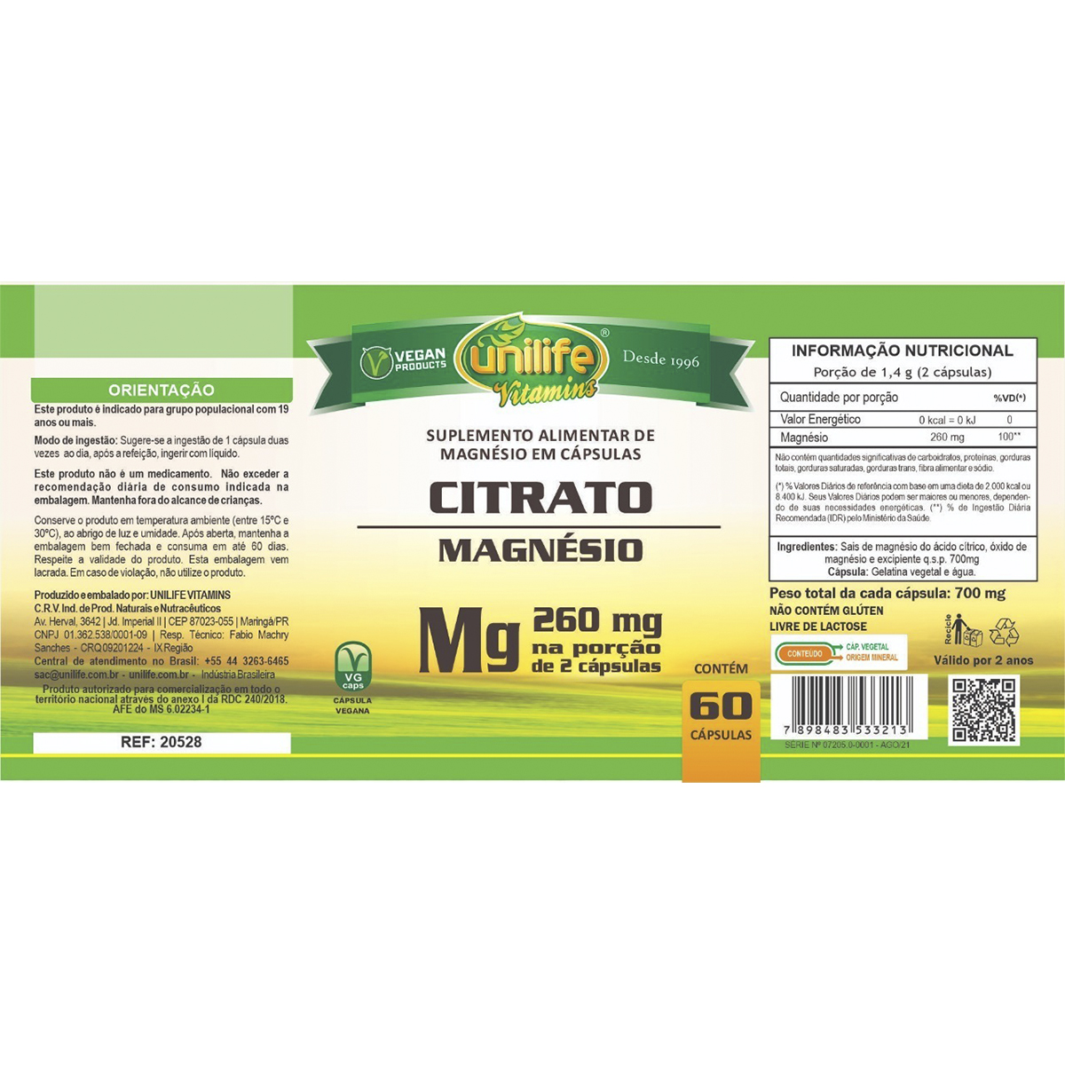 Kit 5 Magnésio citrato Unilife 60 cápsulas - Edin