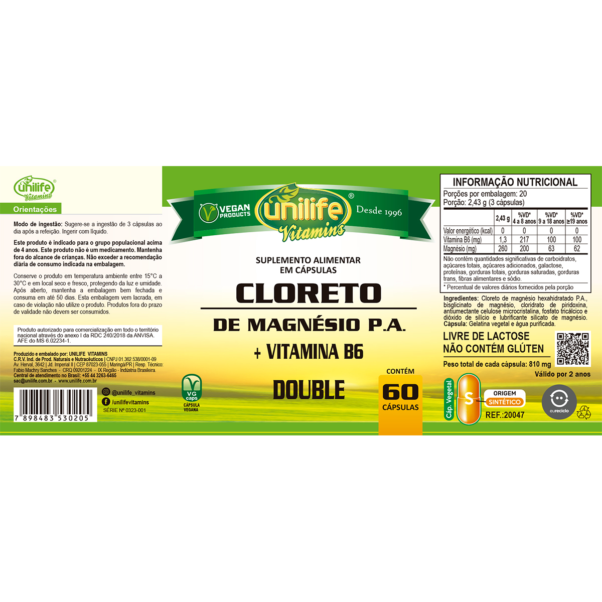 Kit 3 Cloreto de magnésio P.A. 800mg Unilife 60 cápsulas - Edin
