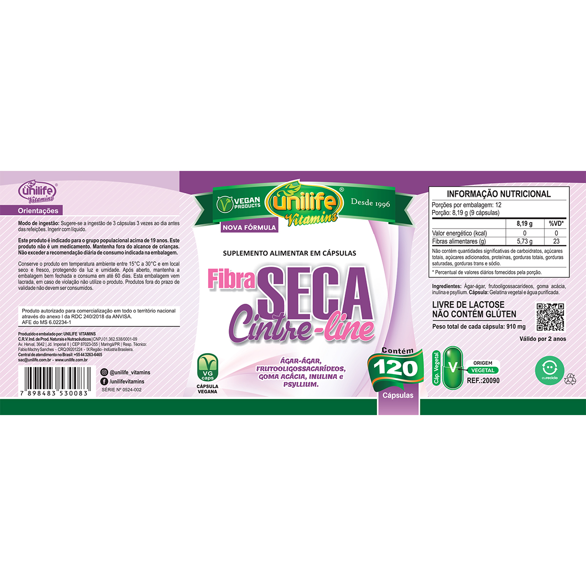Fibra Seca Unilife 120 Cápsulas 910mg - Edin