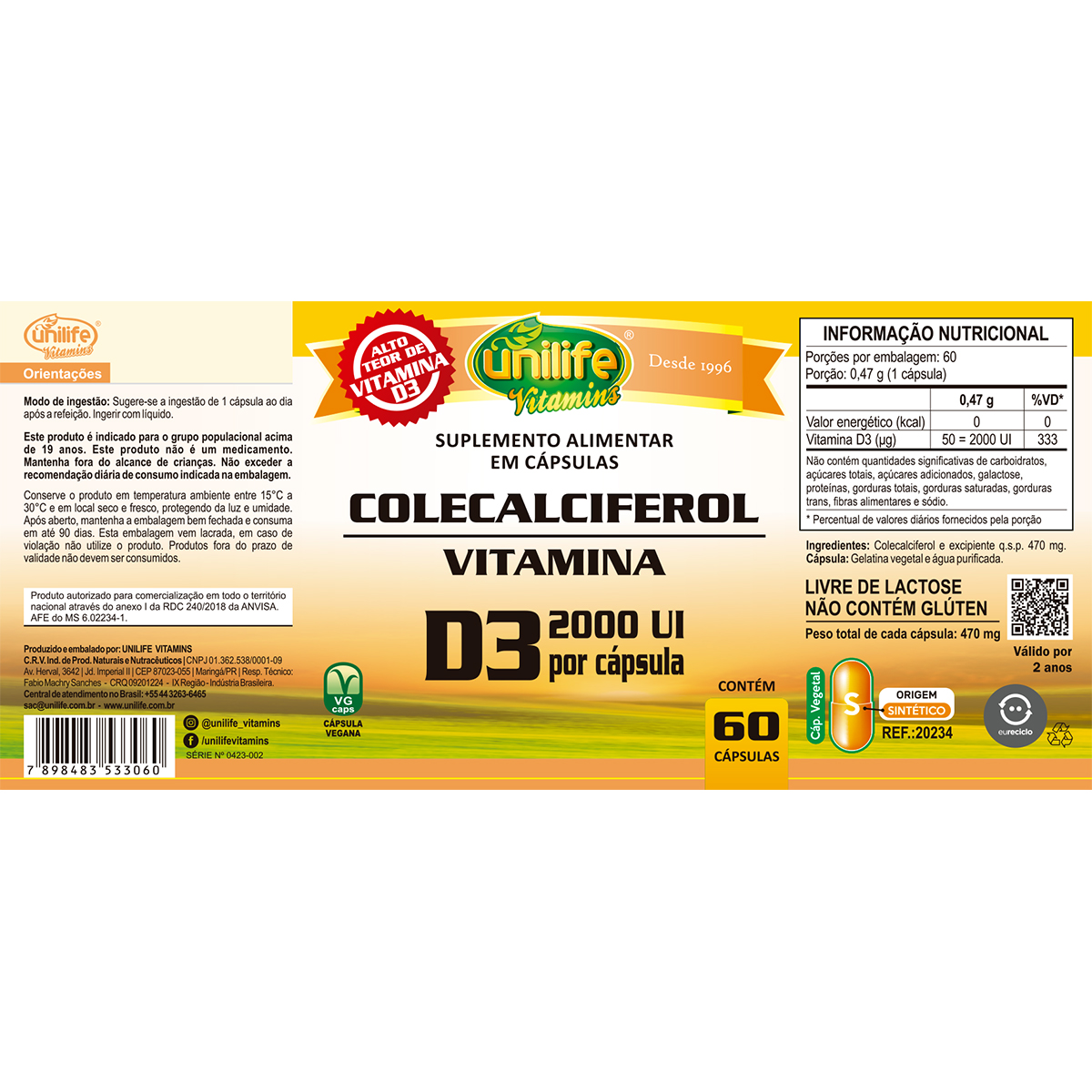 Vitamina D3 2000 UI Colecalciferol Unilife 60 Cápsulas - Edin