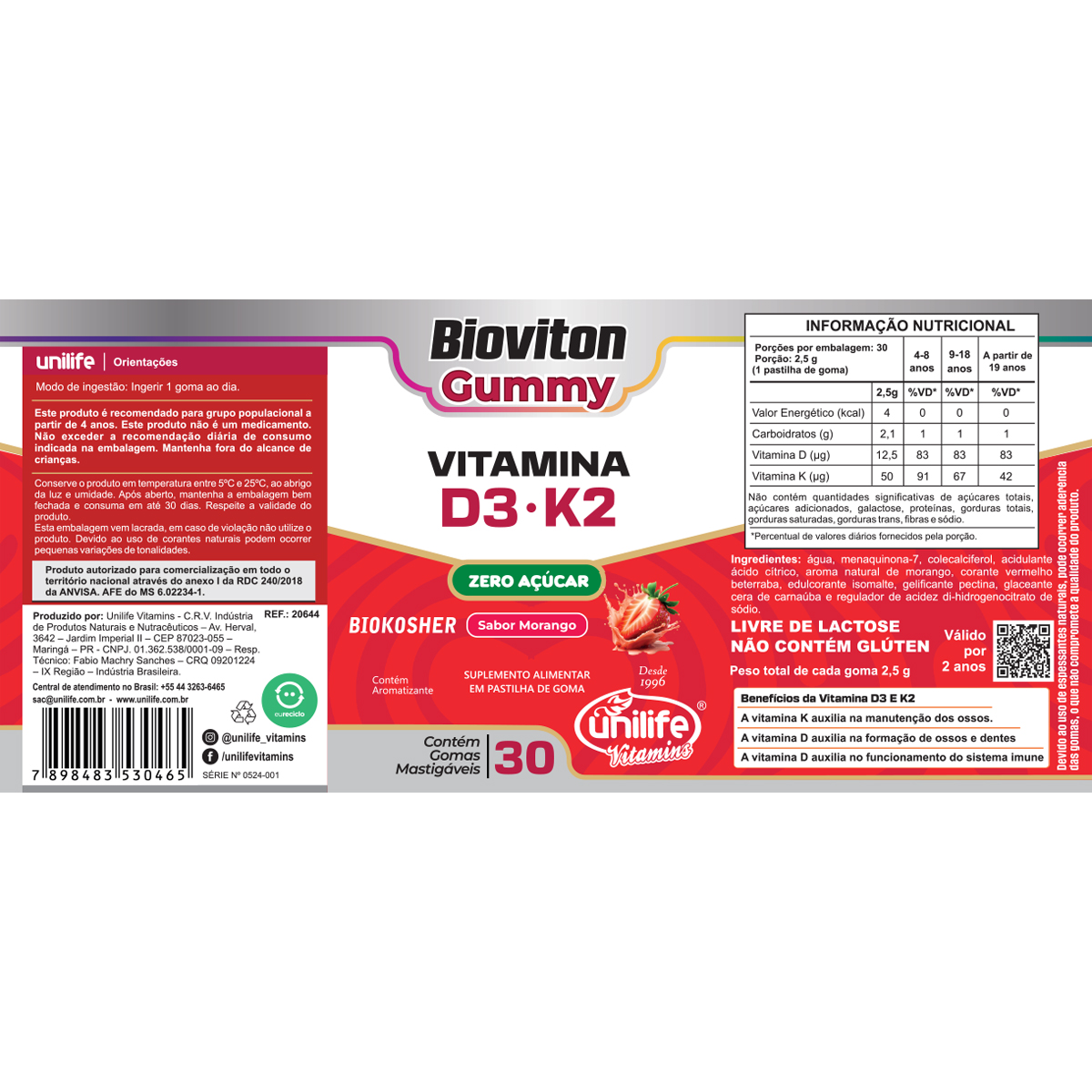 Gummy Vitamina D3 + K2 Morango Unilife 30 gomas - Edin