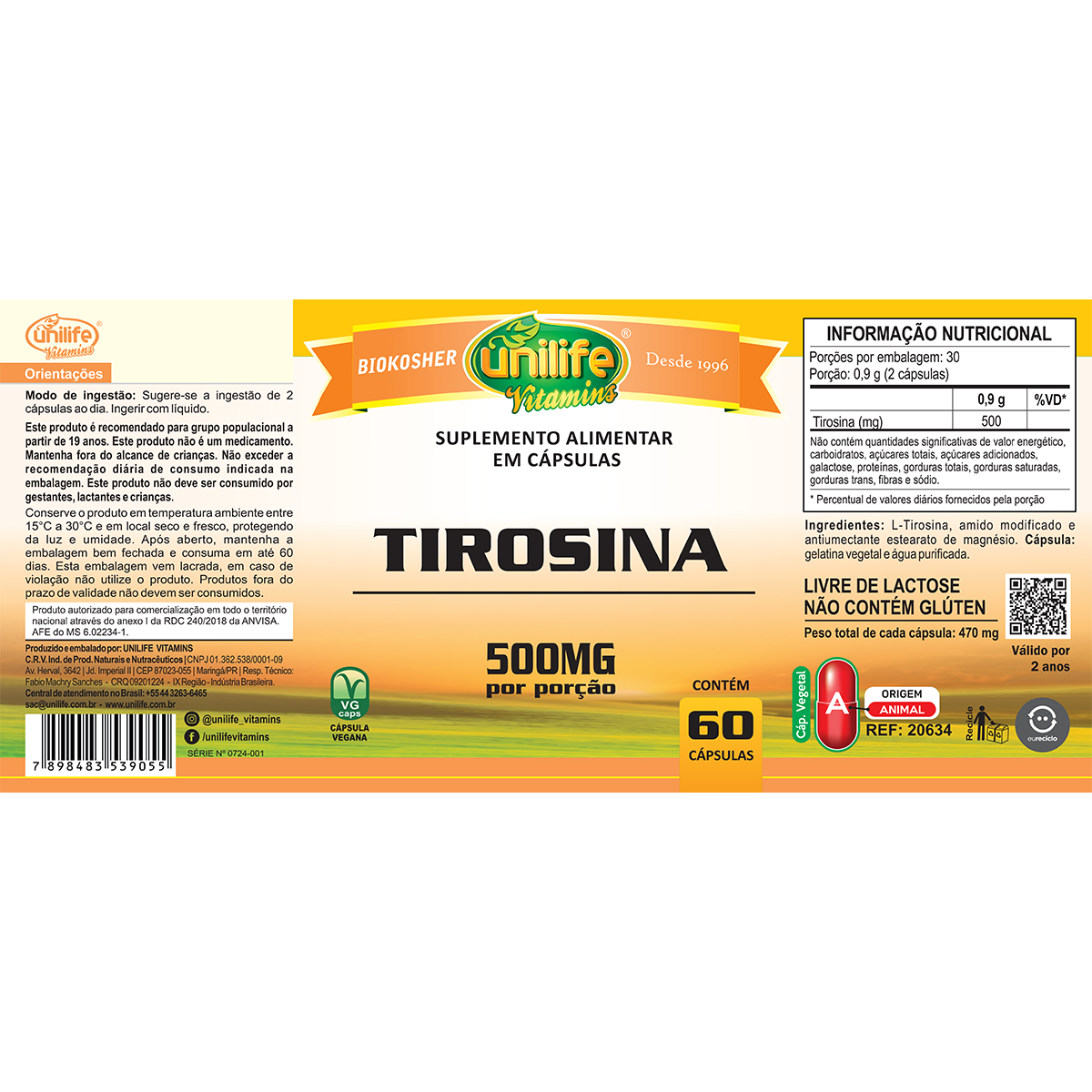 Tirosina Unilife 60 Cápsulas 470mg - Edin
