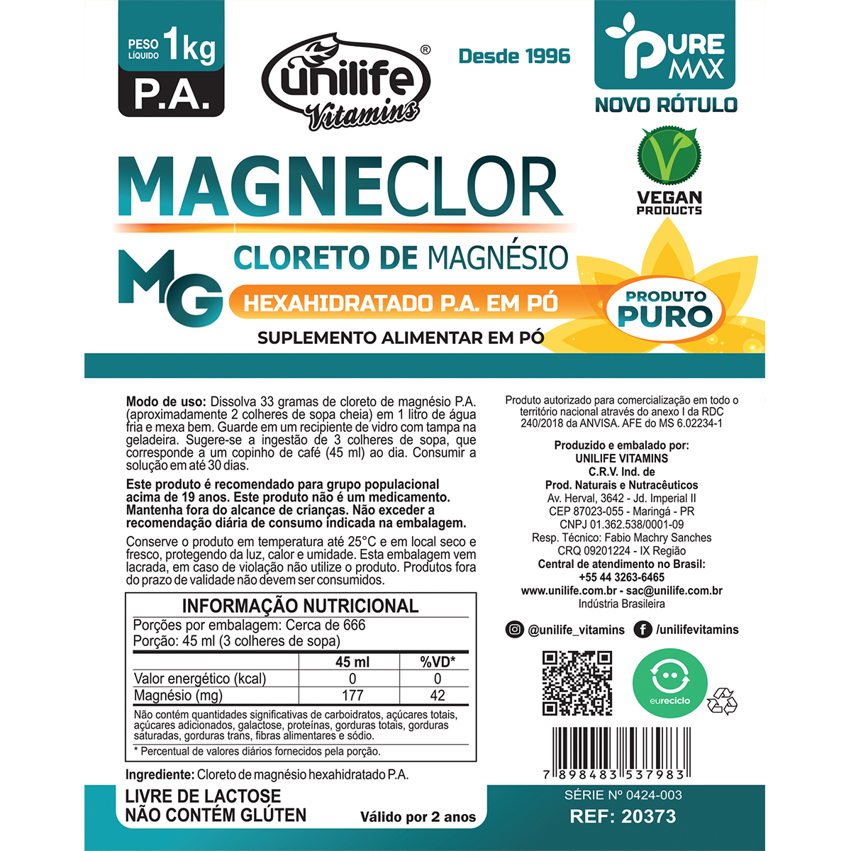 Magneclor Cloreto de Magnésio P.A Unilife 1kg - Edin