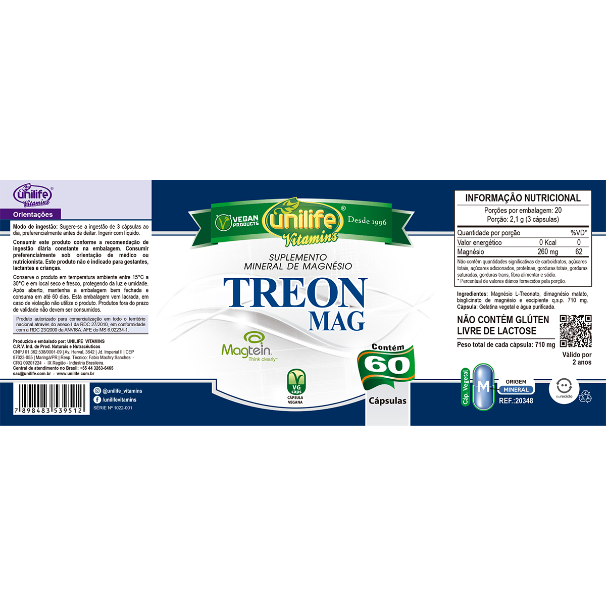 Kit 2 Treon Mag Magnésio Treonato Unilife 60 Cápsulas - Edin