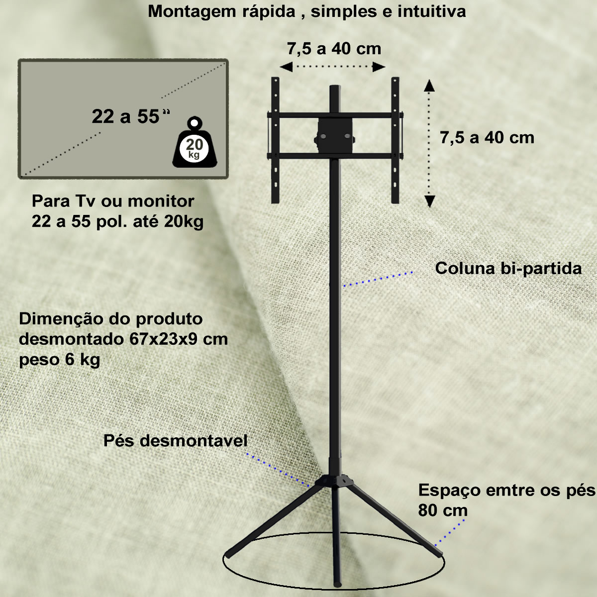 Pedestal Suporte Para Tv Tripe Para Duas Tv 22 A 43 Pol - Ped Tv