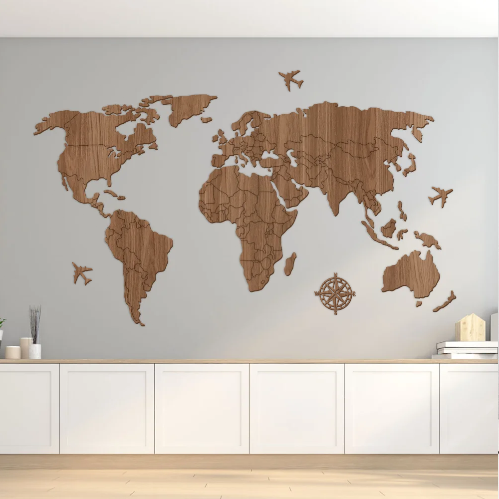 Mapa Mundi + 50 Pins Acrílico - 3 Tamanhos - Lumina Decor