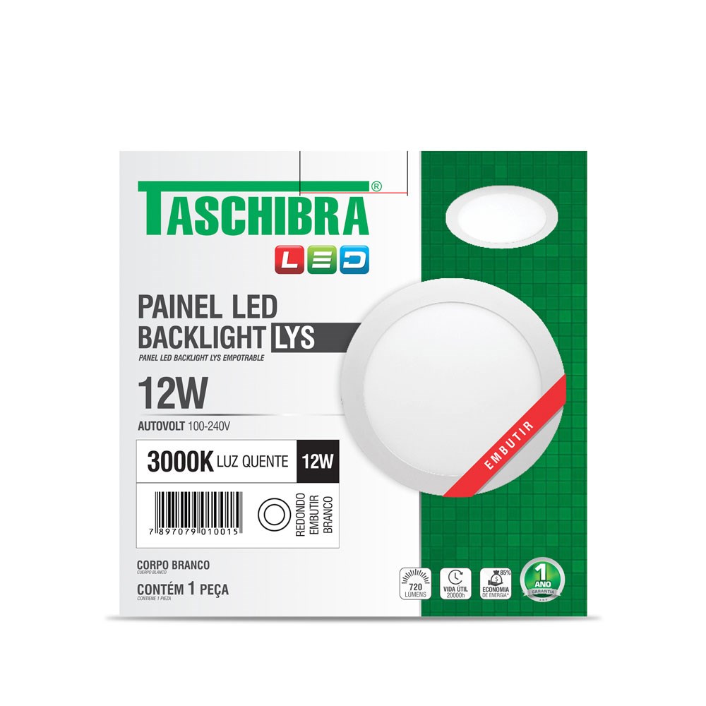 Luminária LED Plafon TASCHIBRA Lys Embutir Redonda 12W 3000K 17cm ...