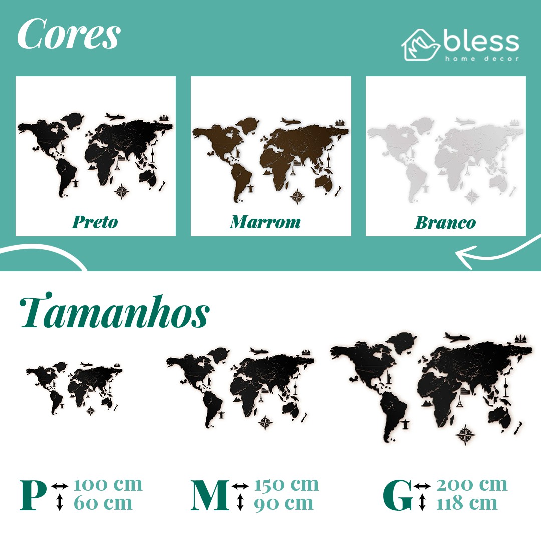 Mapa Mundi de Parede em MDF - Fácil instalação - 3 tamanhos - BLESS ...