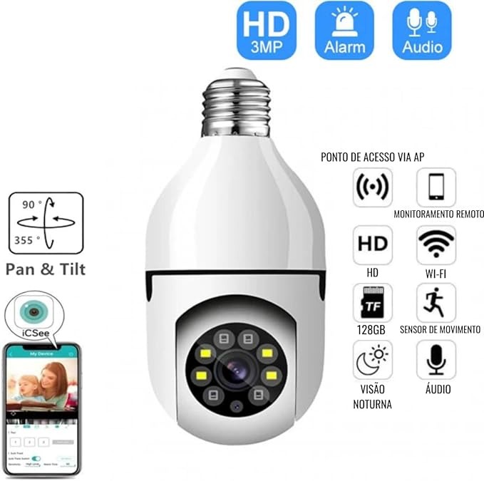 Câmera Lâmpada LED E27 Segurança Visão Noturna Infravermelho Wifi Hd P ...