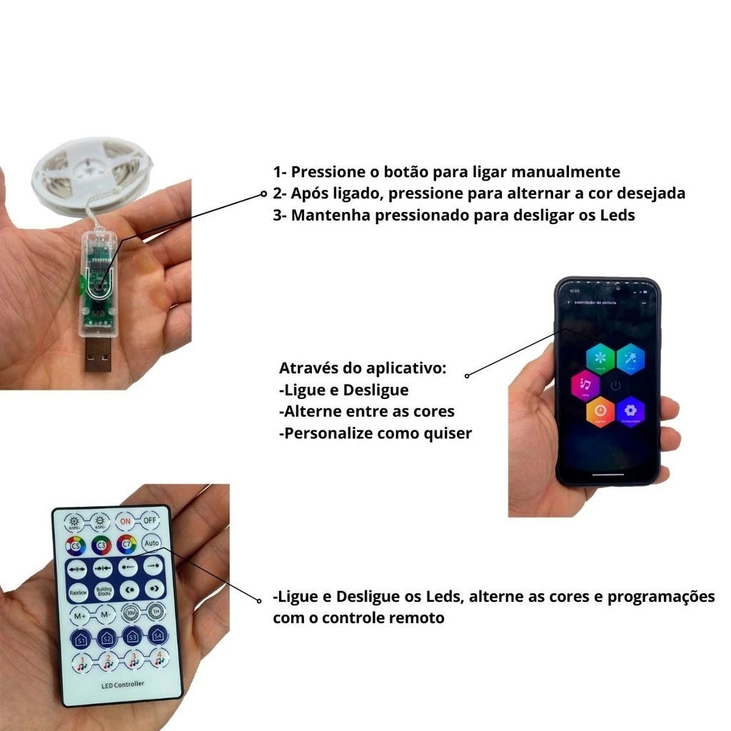 Fita LED Fio Fada 10 metros Smart Digital com Controle de voz APP USB ...