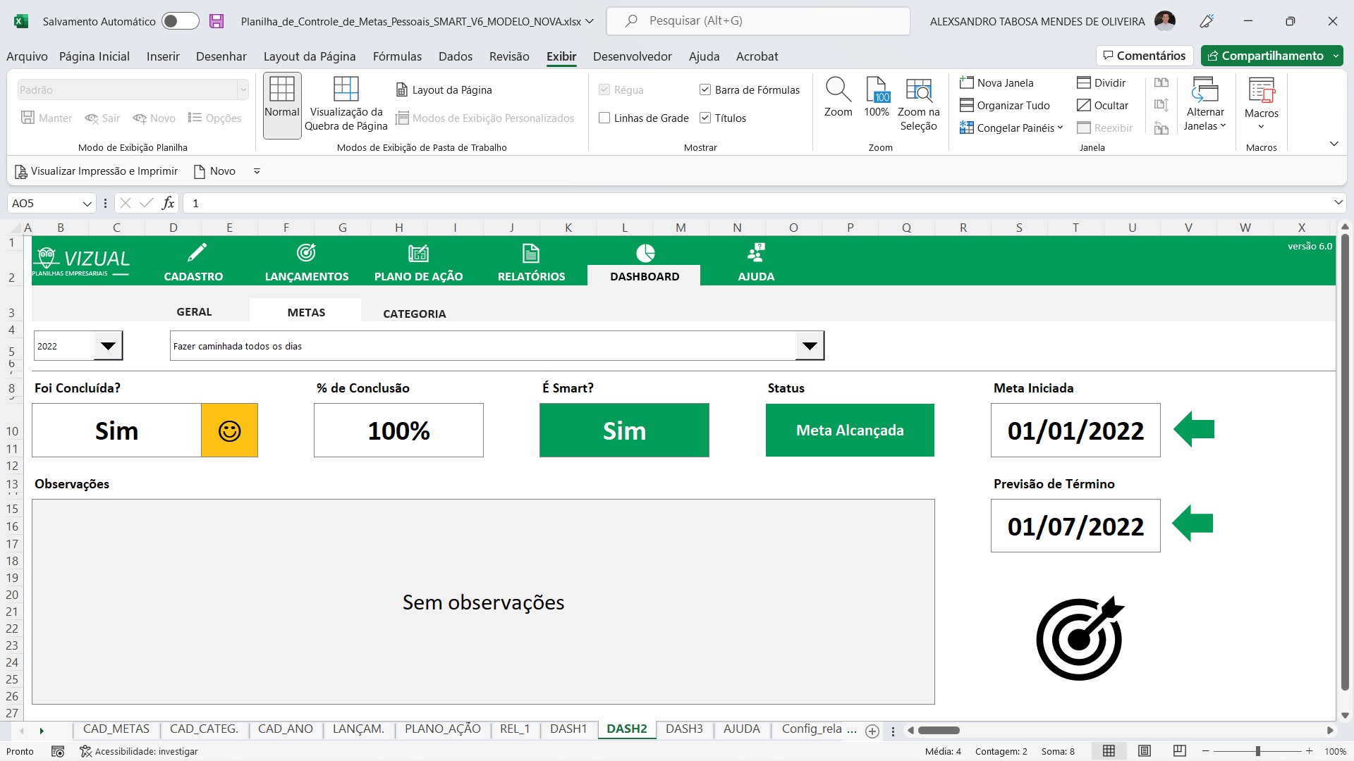 Planilha de Controle de Metas Pessoais SMART em Excel 6.0 - Vizual ...