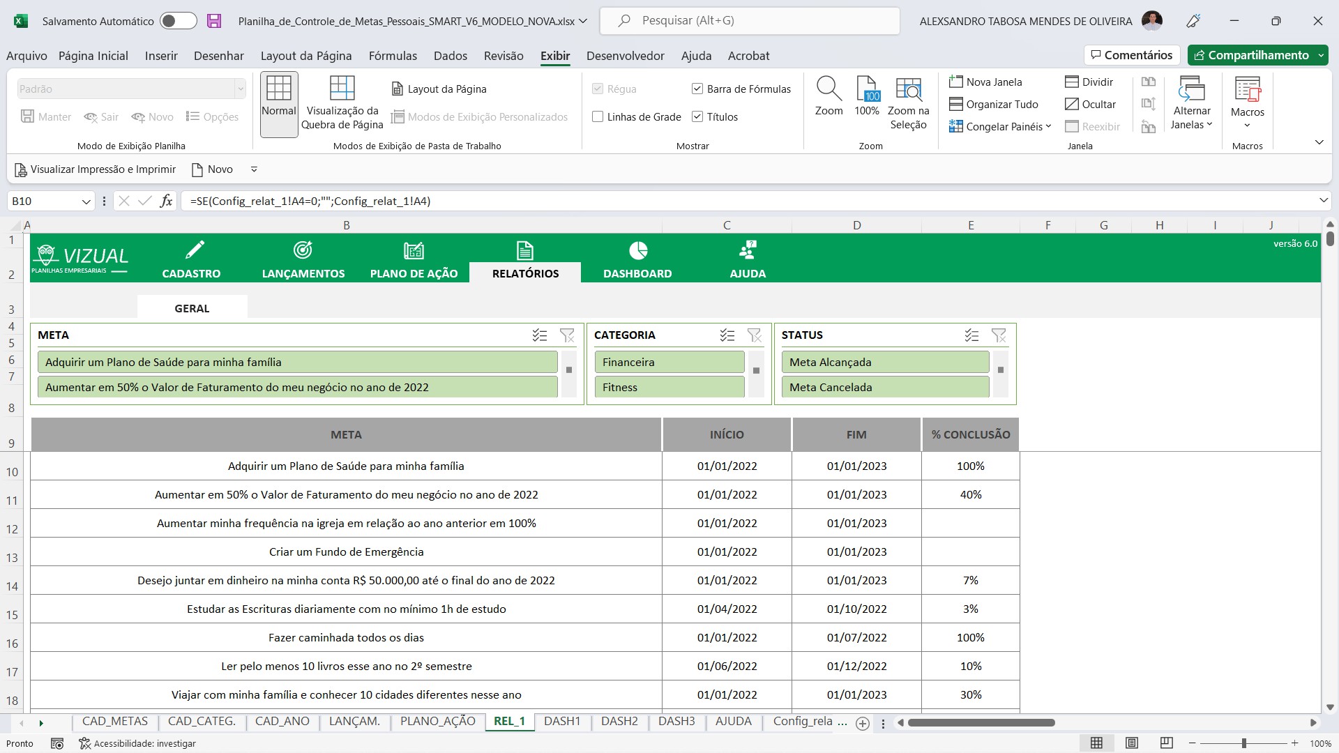 Planilha De Controle De Metas Pessoais Smart Em Excel 60