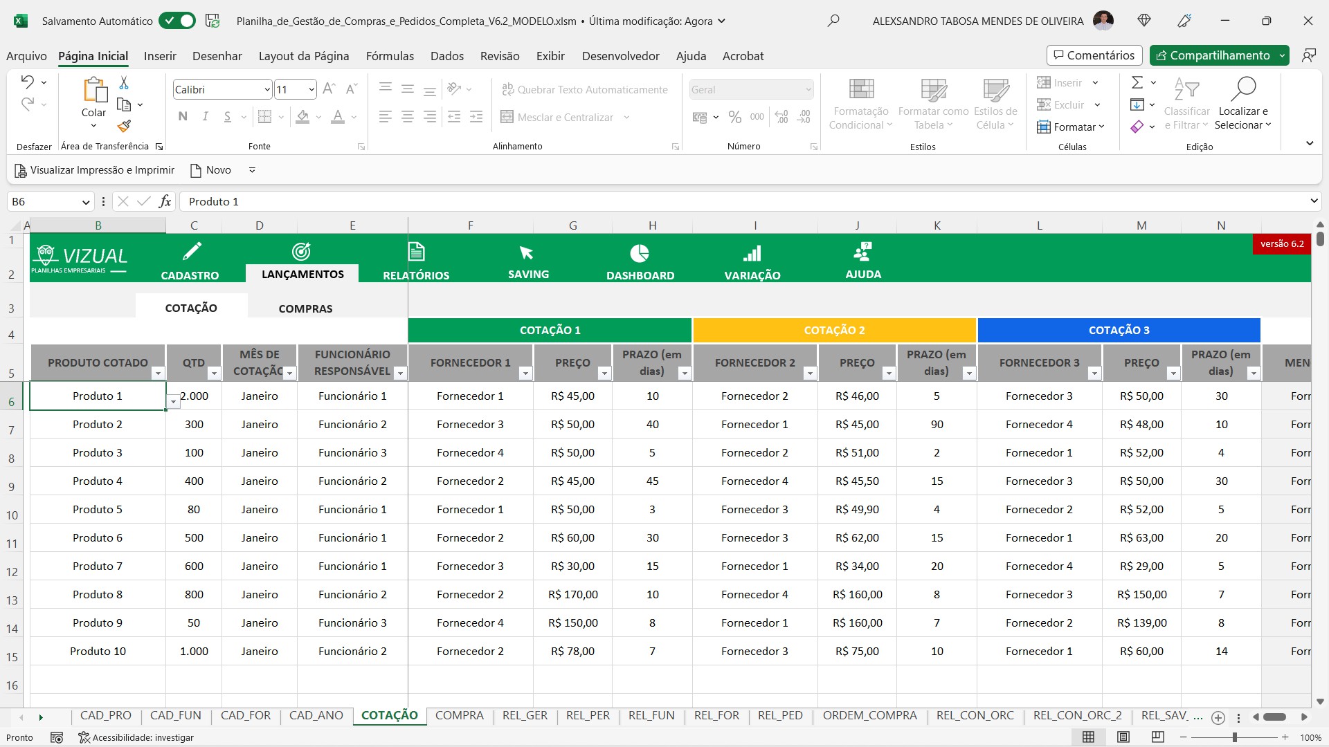 Planilha de Gestão de Compras e Pedidos Completa em Excel 6.2 - Vizual ...