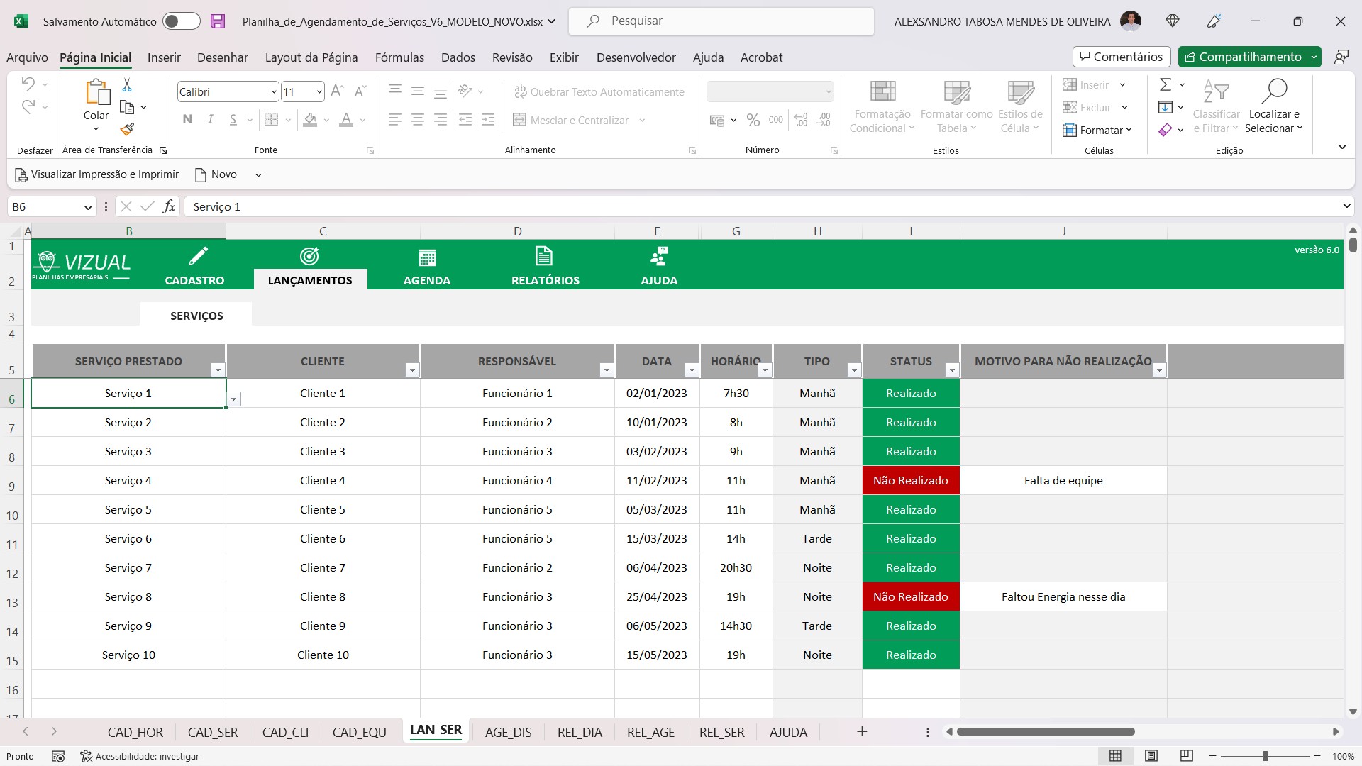 Planilha de Agendamento de Serviços em Excel 6.0 - Vizual Planilhas ...