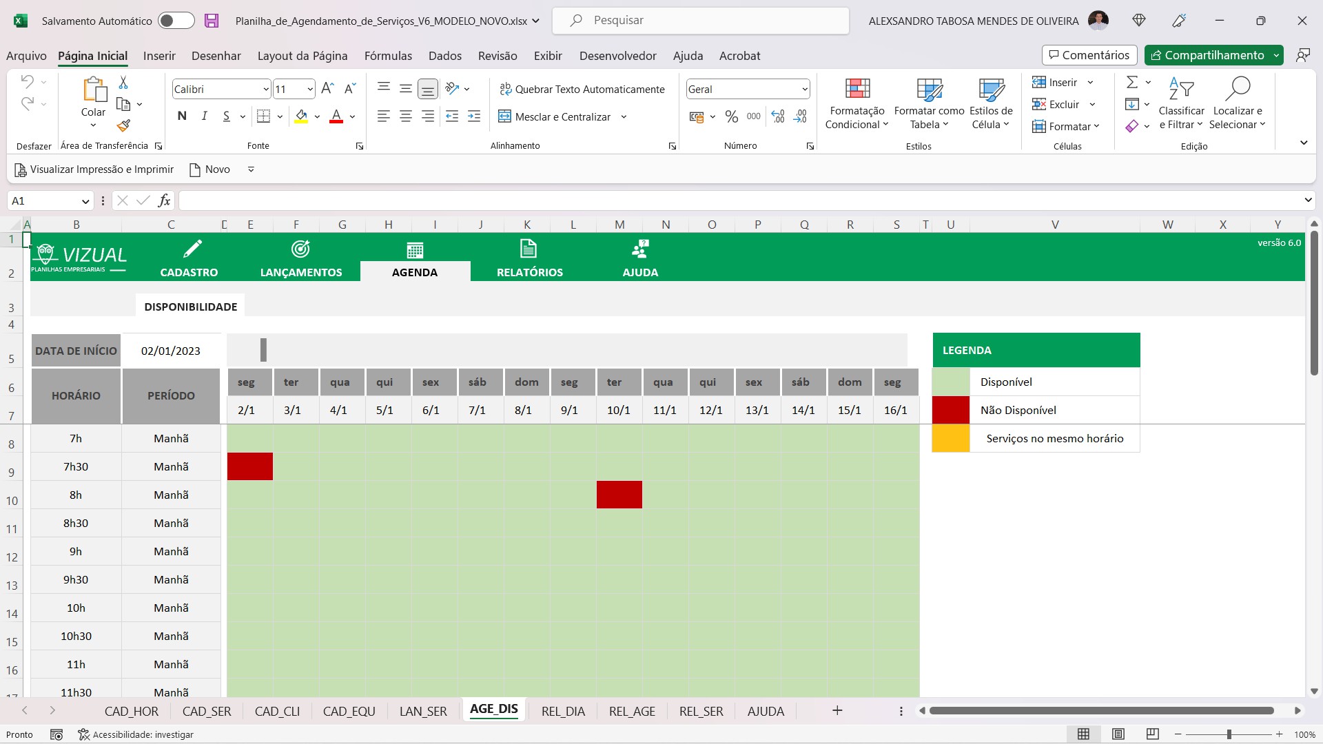Planilha de Agendamento de Serviços em Excel 6.0 - Vizual Planilhas ...