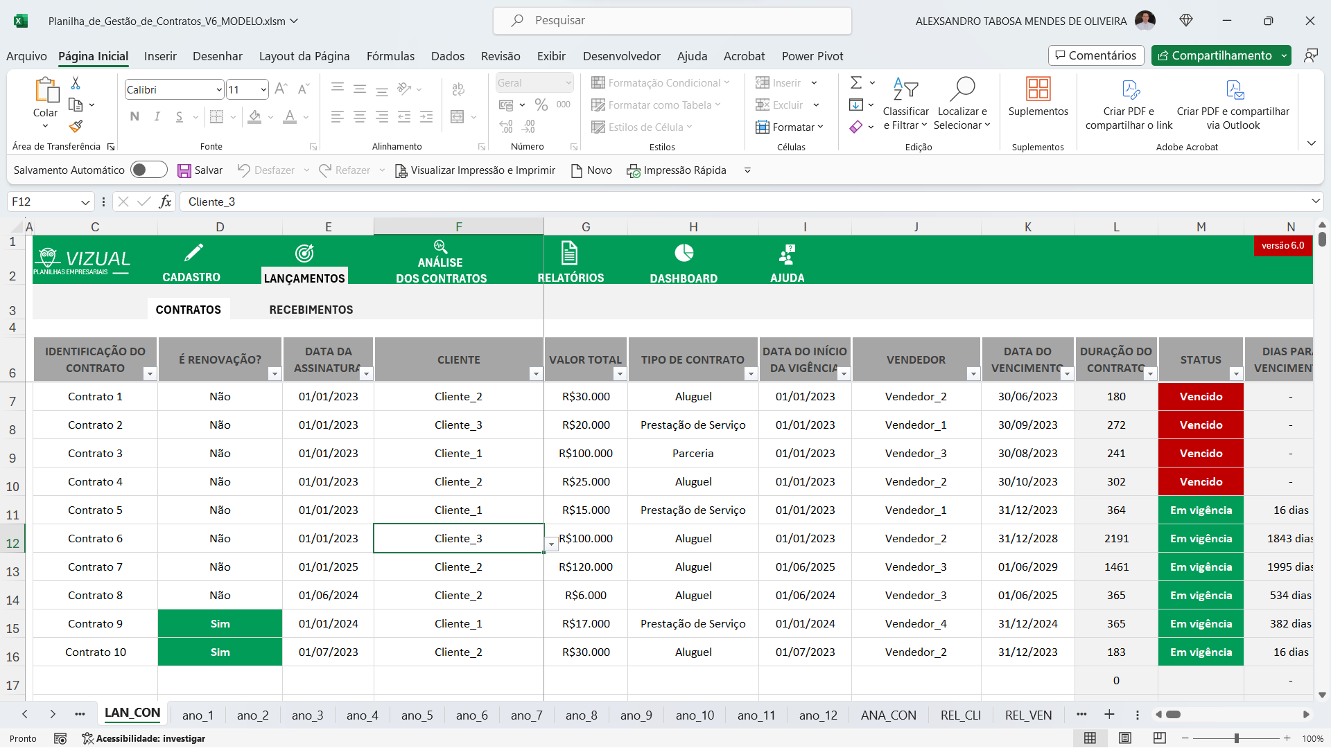Planilha de Gestão de Contratos em Excel 6.0 - Vizual Planilhas Empresariais - Planilhas em ...
