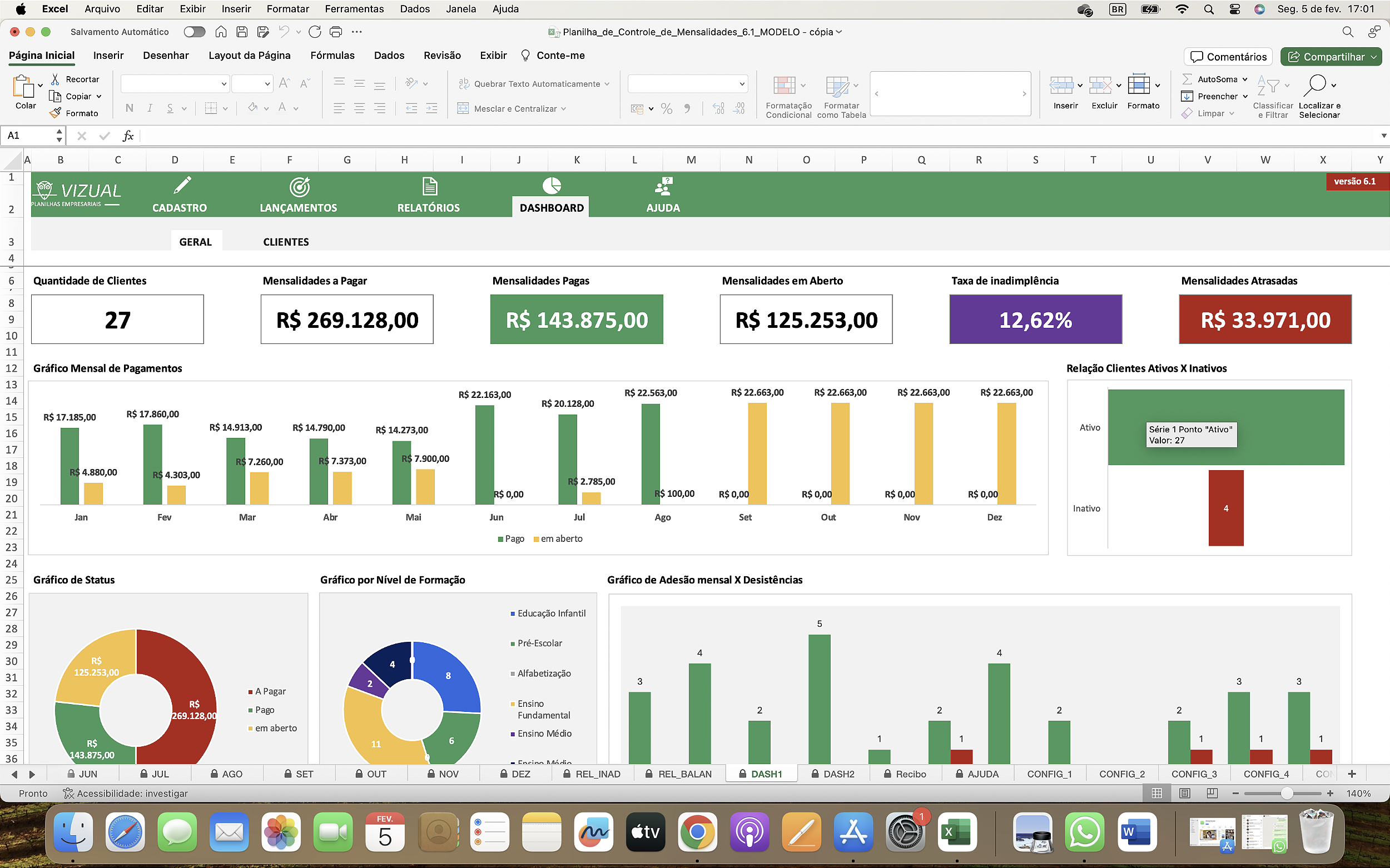 Planilha de Controle de Mensalidades em Excel 6.1 365 - MAC - Vizual ...