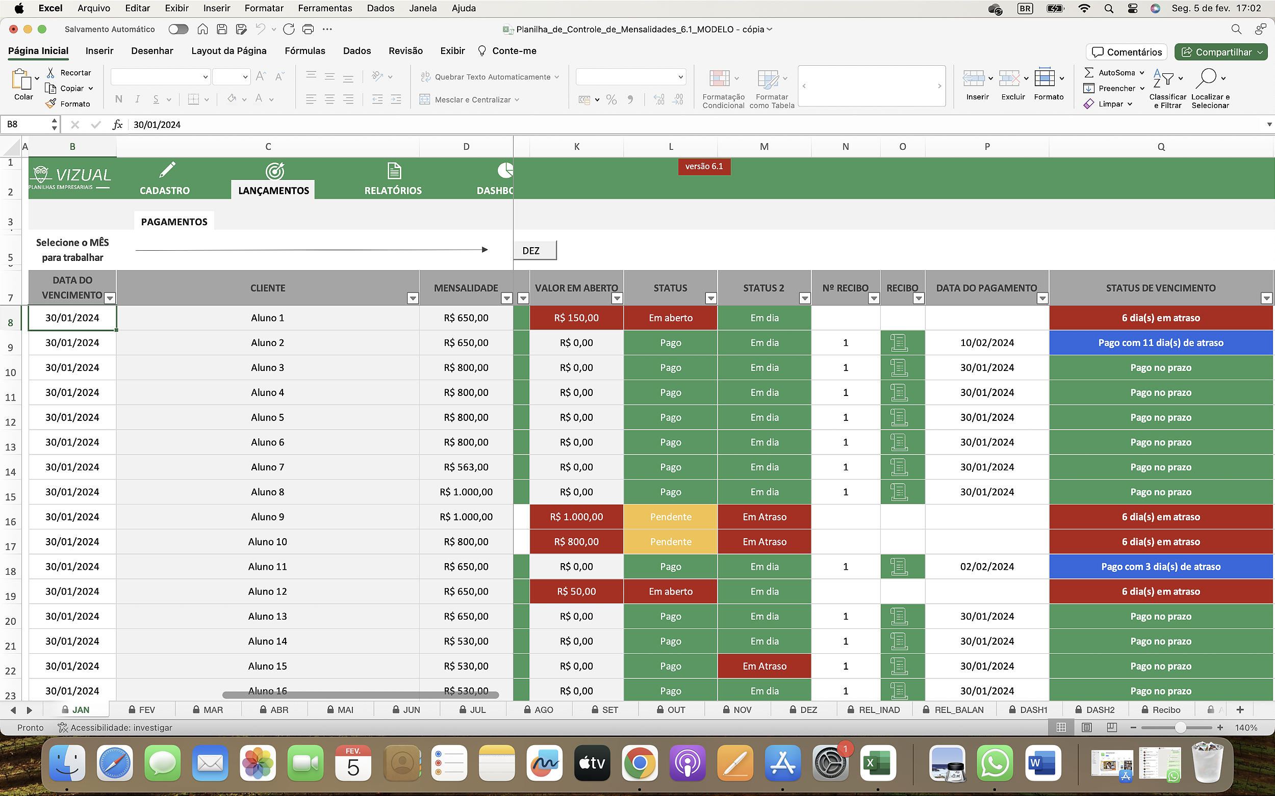 Planilha de Controle de Mensalidades em Excel 6.1 365 - MAC - Vizual ...
