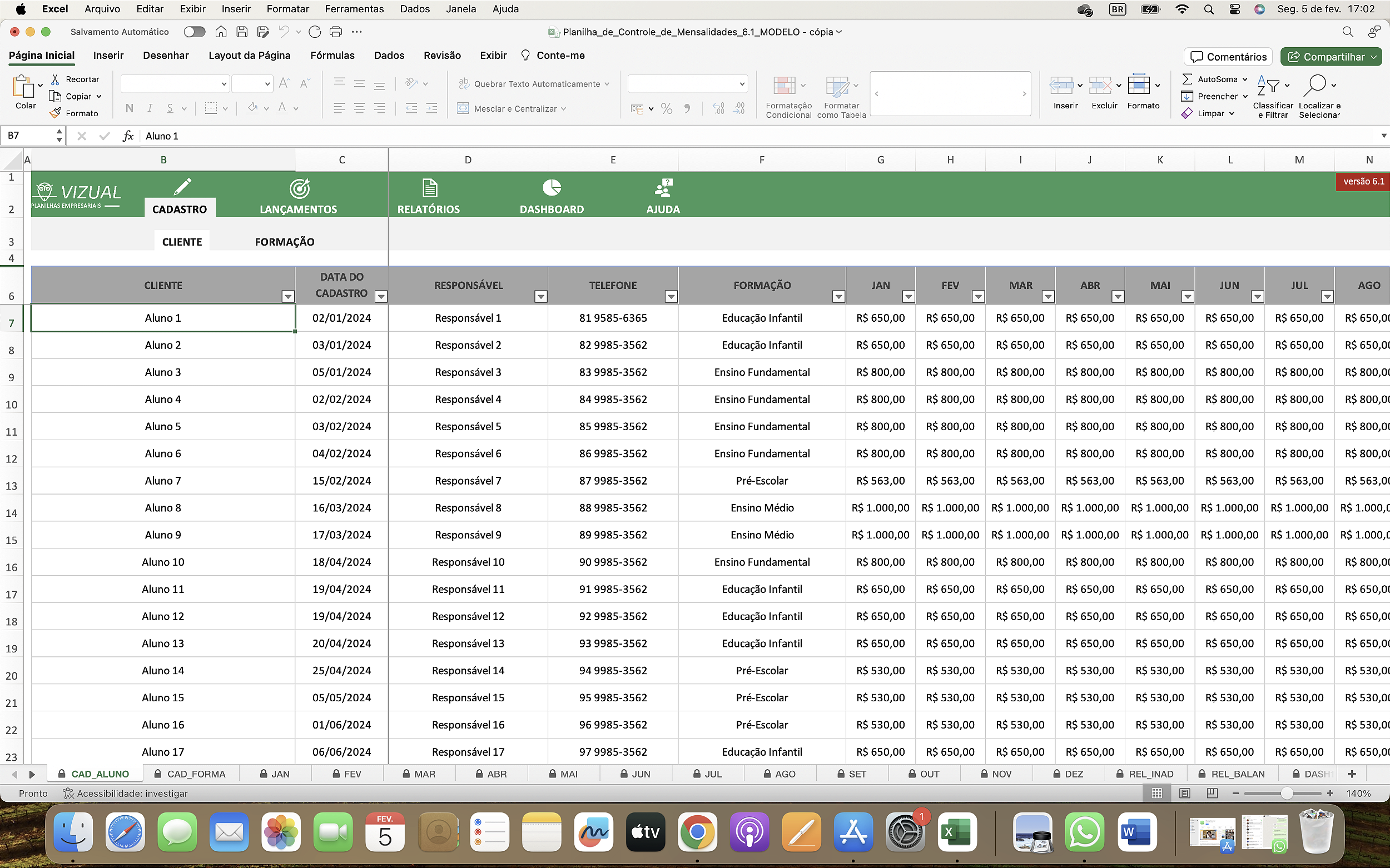 Planilha de Controle de Mensalidades em Excel 6.1 365 - MAC - Vizual ...