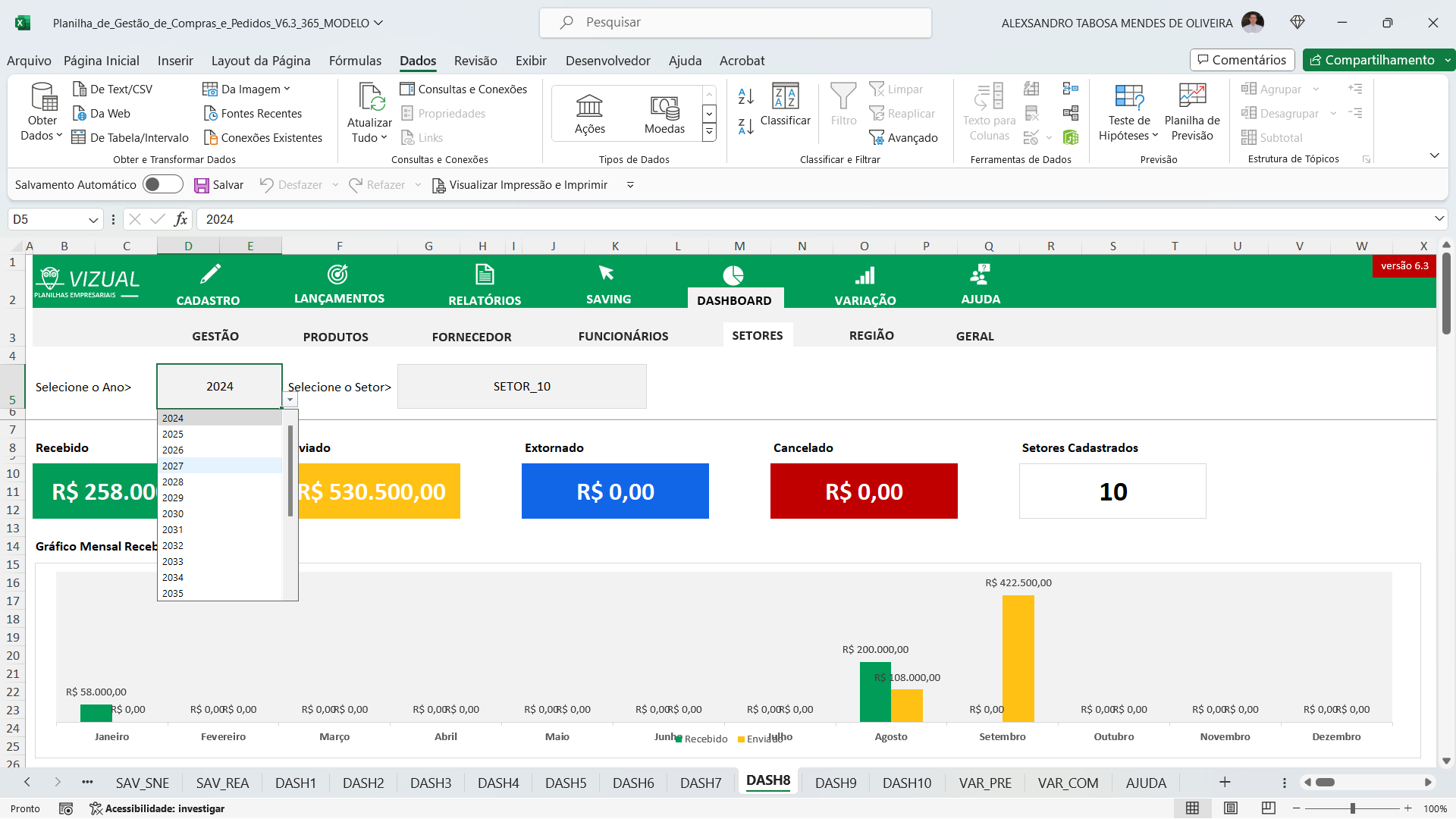 Planilha de Gestão de Compras e Pedidos Completa em Excel 6.3 365 ...