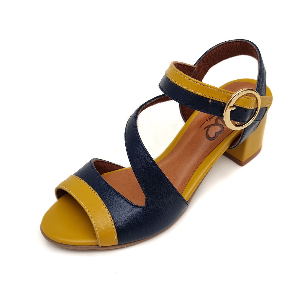 Sandália Feminina de Salto em Couro Legítimo Mostarda com Azul Marinho ...