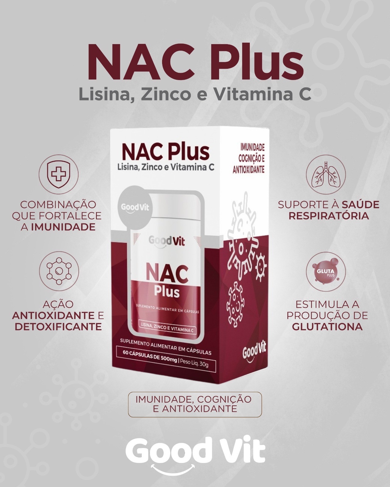 NAC PLUS N-ACETILCISTEINA ZINCO VITAMINA C LISINA GLUTATIONA - Drogaria ...