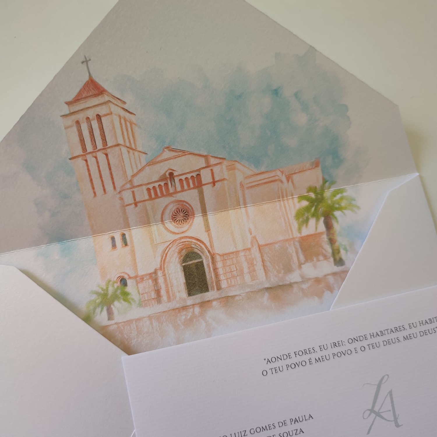 Convite Casamento envelope Forrado Aquarela - Bellagi Convites