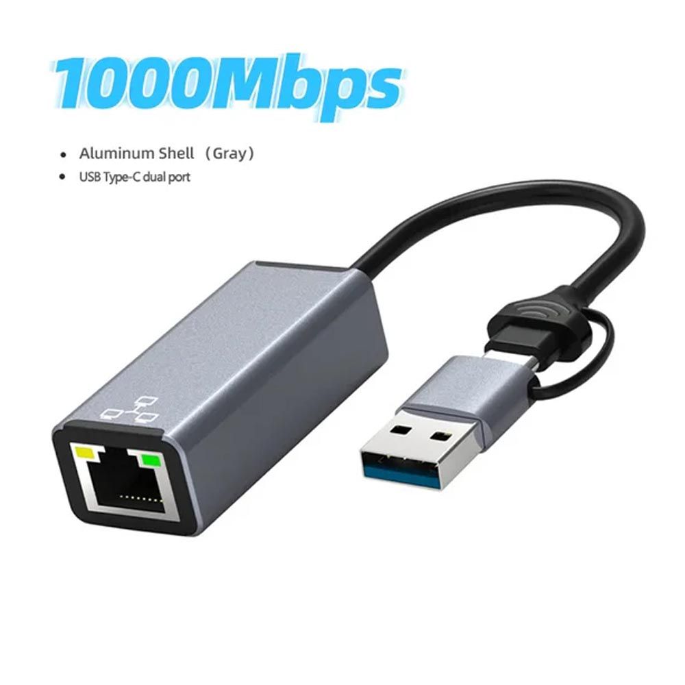 Cabo Adaptador 2 em 1 USB Tipo C para LAN RJ45 1000M Gigabit - Ponto do ...