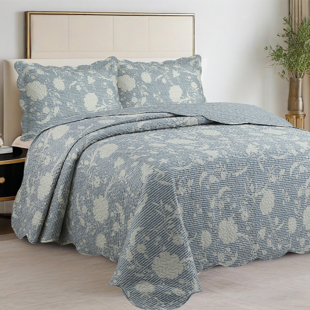 Kit Colcha Evolution Patchwork Casal - Botânica Azul - Camesa - Casa Joka