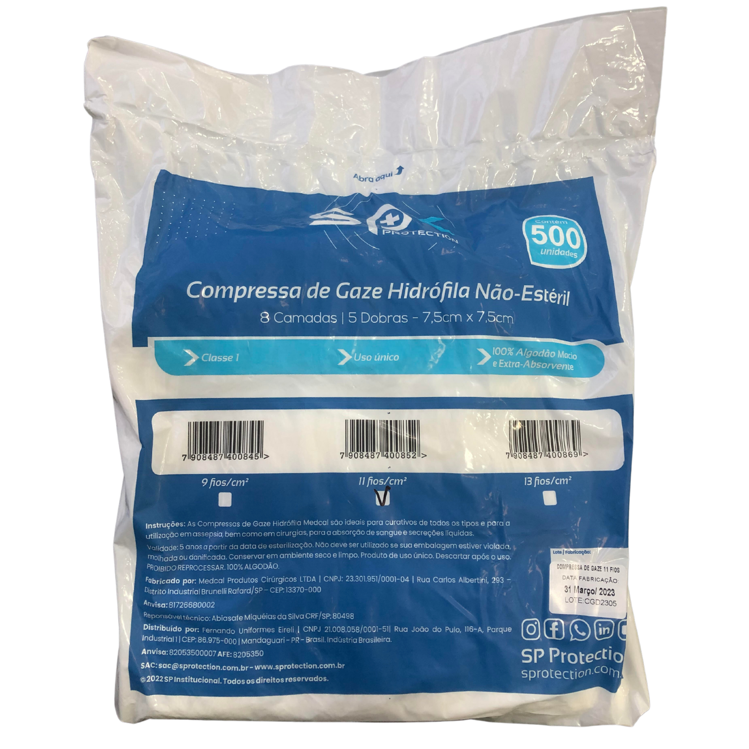 Compressa de Gaze 11 Fios C/500 SP Protection - RareMed Hospitalar