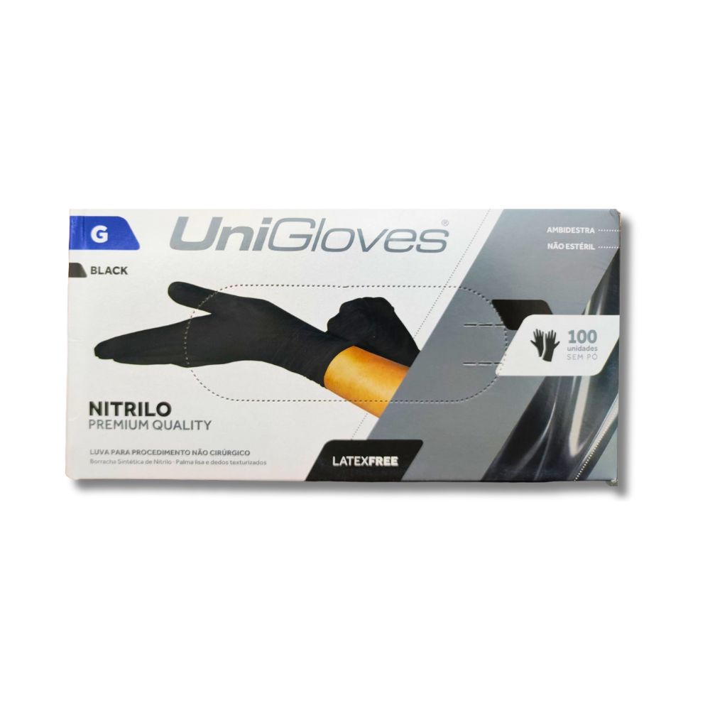 Luva de Nitrilo Preta G Sem Pó C/100 Unigloves - RareMed Hospitalar