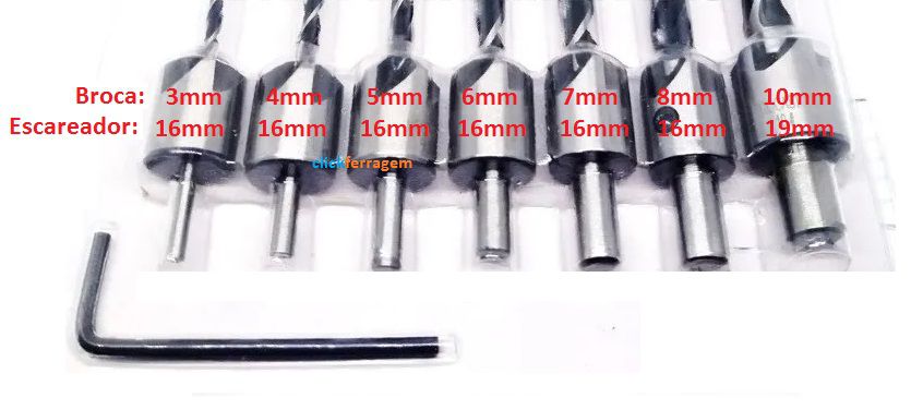 Jogo Kit Broca Escariadora 8 pçs Madeira Piloto 3mm a 10mm - clickferragem