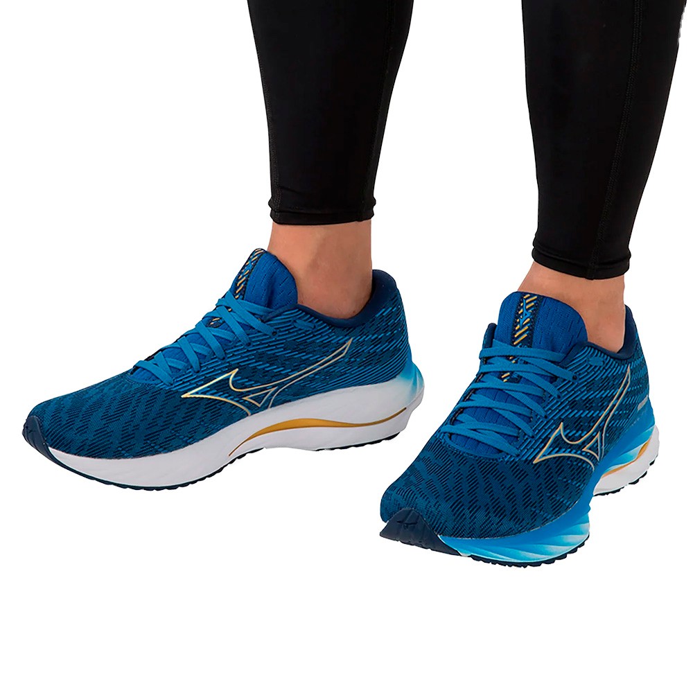 Tenis Mizuno Wave Rider 26 Azul e Dourado Masculino - 10K Sports