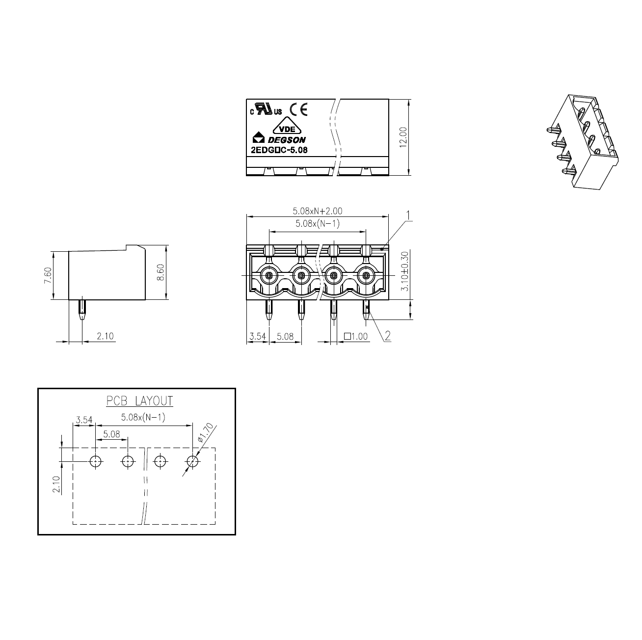 Conector plugável 20A 320V passo 5.08mm 2 pólos macho verde PTH para PCI 90 graus 2EDGRC-5.08 ...