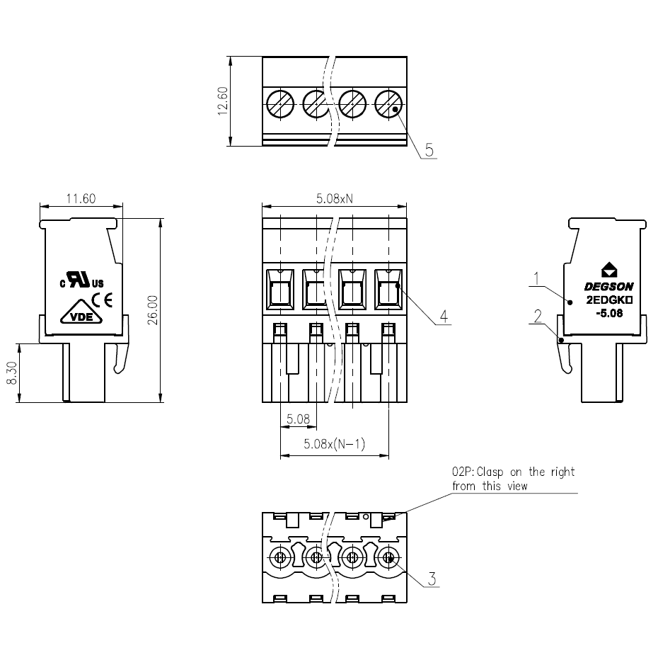 Plugue para conector 10A 320V passo 5.08mm 2 pólos fêmea verde 180 graus 2EDGKA-5.08-02P-14 ...