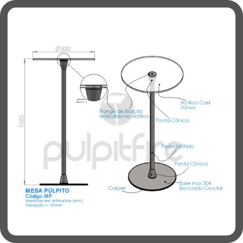 MESA PÚLPITO - INOX ESCOVADO - ACRILICO PRETO 10MM - INOX 7 SOLUTIONS