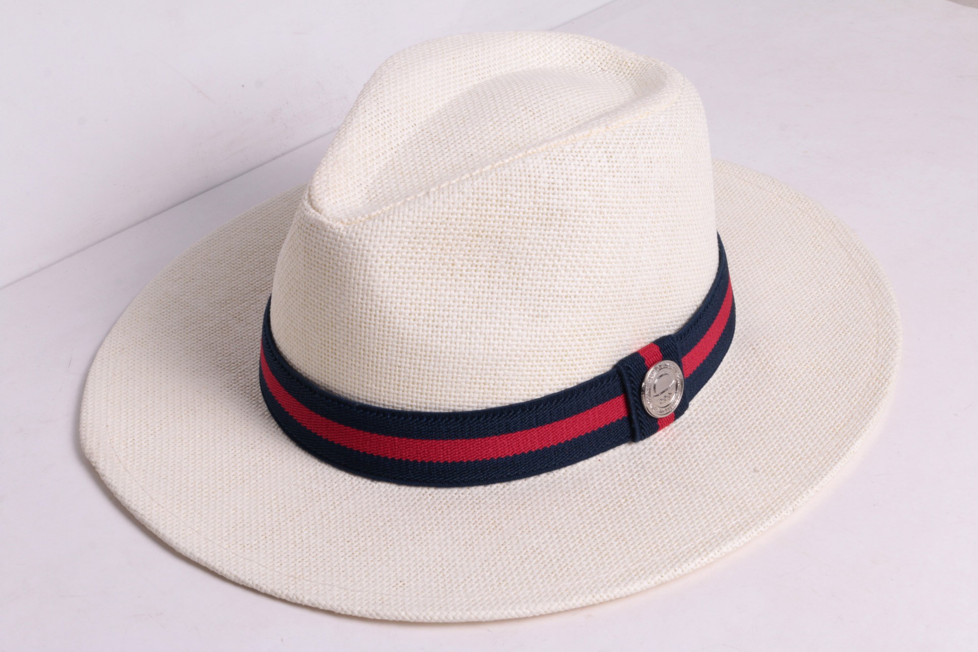 Chapéu Panamá Palha Rígida Creme Aba Média 7cm Faixa Azul Marinho ...