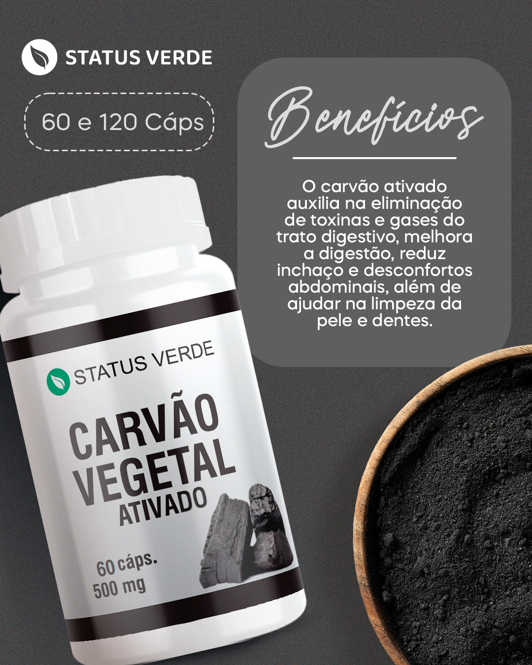 Kit 12 Carvão Vegetal Ativado 500mg 720 Cápsulas - Status Verde - Status Verde