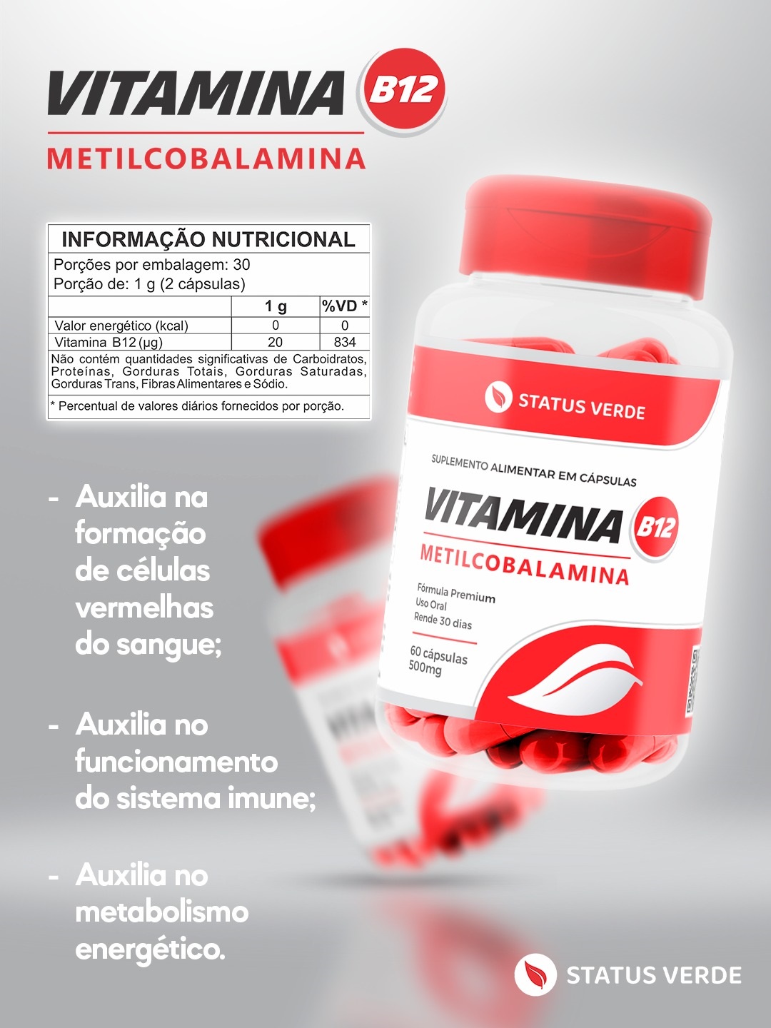 Kit 12 Metilcobalamina Vitamina B12 - 720 Cápsulas 500 mg Status Verde ...