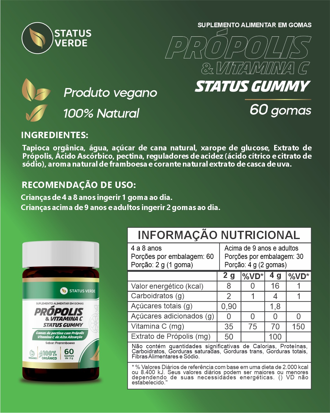 Kit 3 Própolis e Vitamina C 180 Gomas 2g Status Gummy - Status Verde