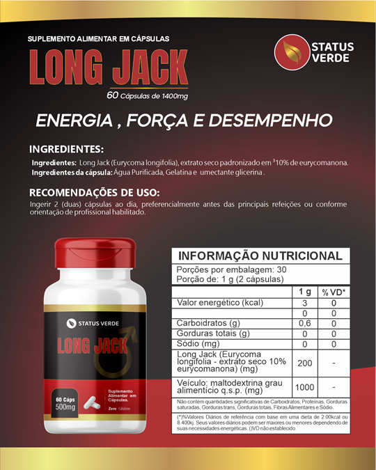 Long Jack 60 Cápsulas 500 mg Status Verde - Status Verde