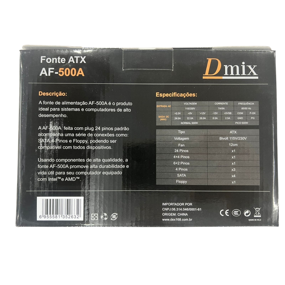 Fonte de Alimentação para PC ATX 500W Bivolt Dmix AF-500A Automatica ...