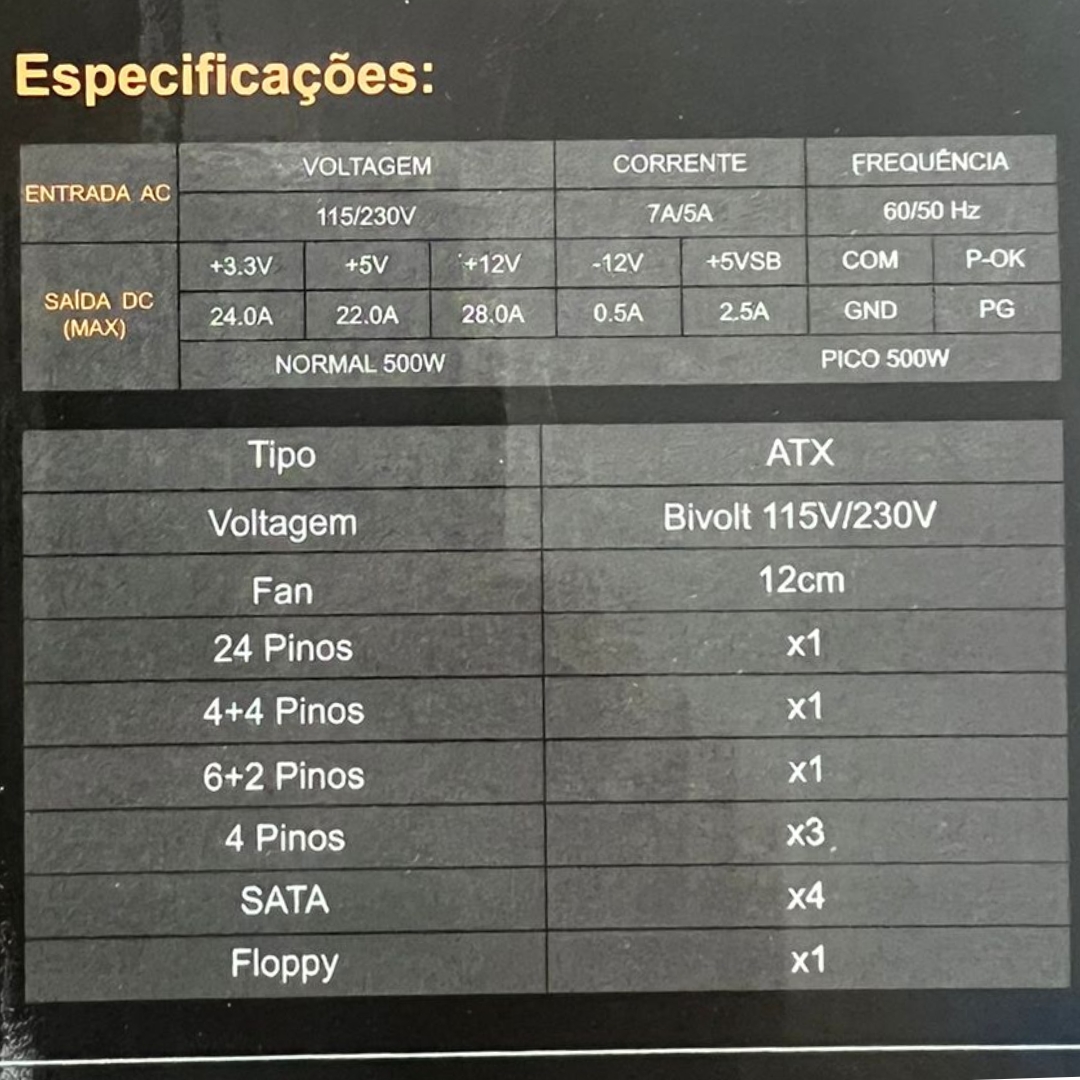 Fonte de Alimentação para PC ATX 500W Bivolt Dmix AF-500A Automatica ...