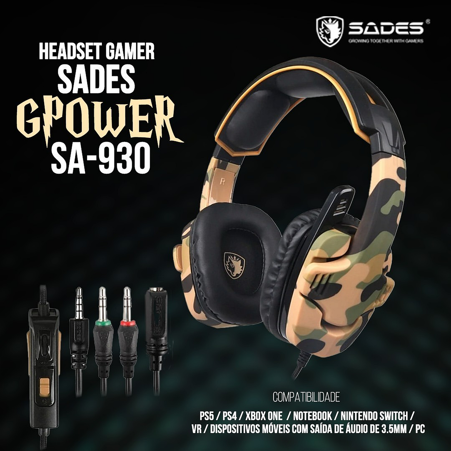 Sades Headset Gpower SA-930 Camuflado Multifuncional PS5 PS4 xbox ...